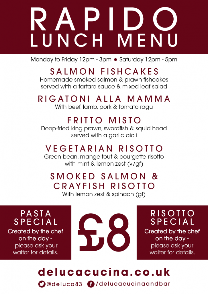 Latest Rapido lunch menu | De Luca